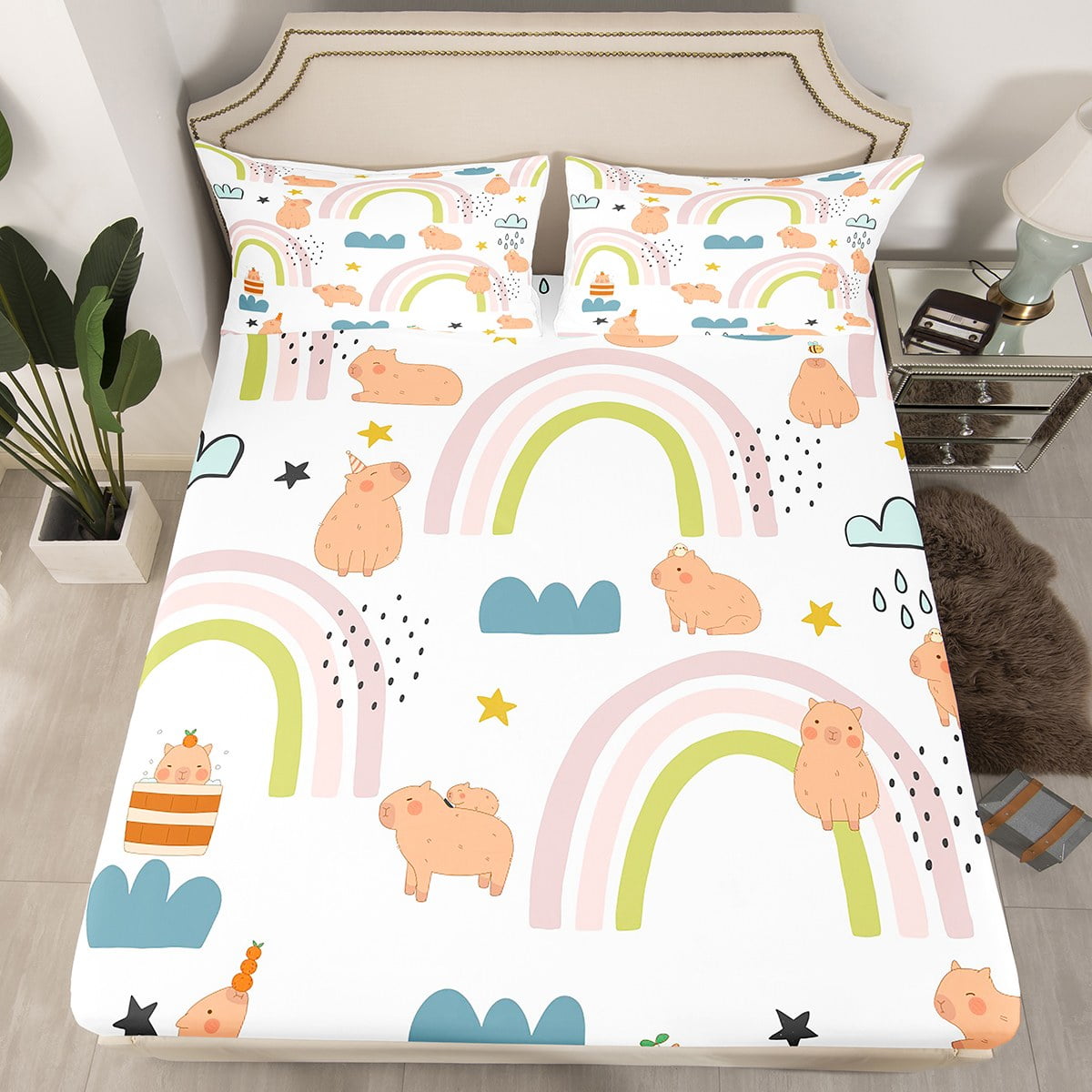 Capybara Lovers Home Decor,Cartoon Capybaras Fitted Sheet Full Size ...