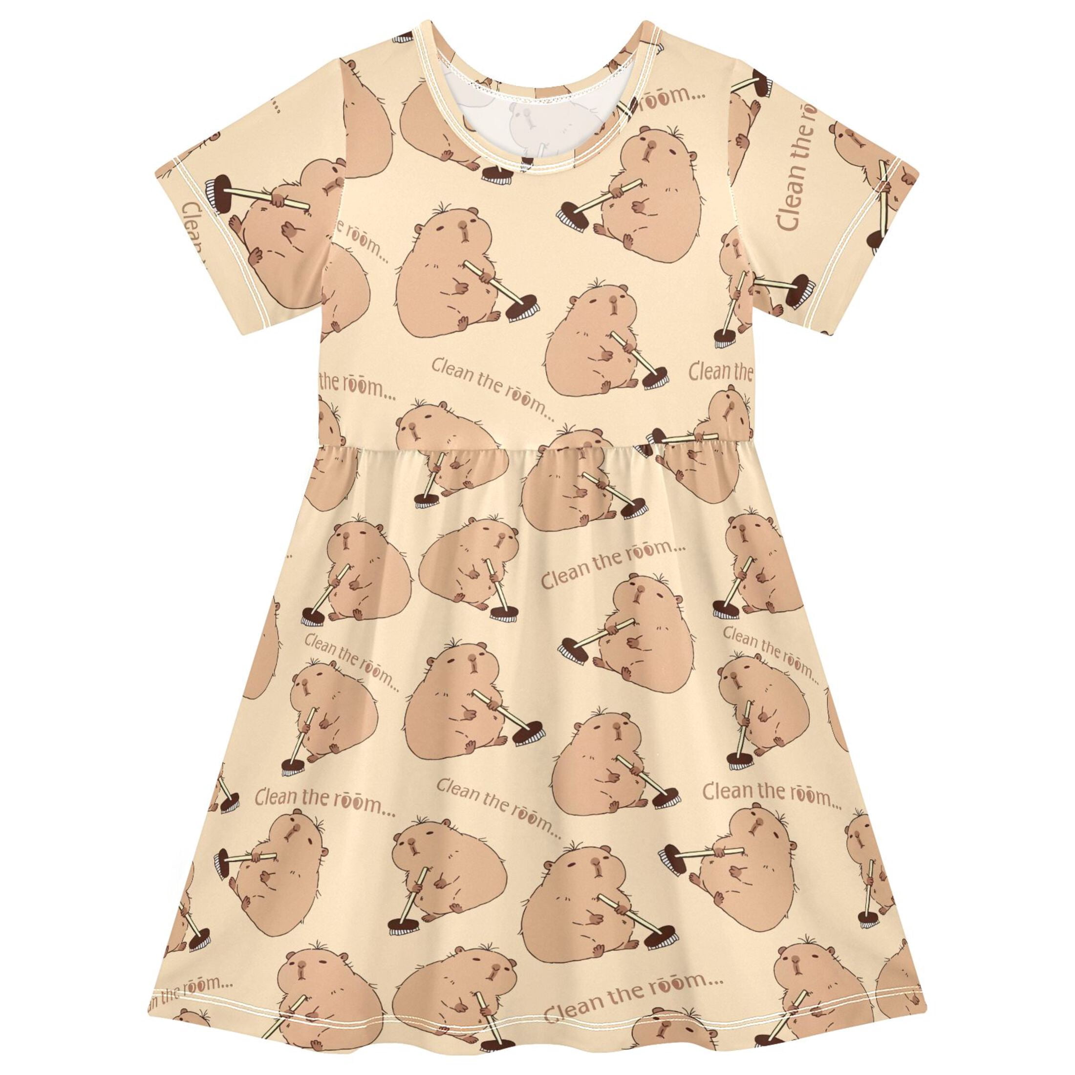 Capybara Mopping The Floor Short Sleeve Dress A-Line Cute Midi Casual ...