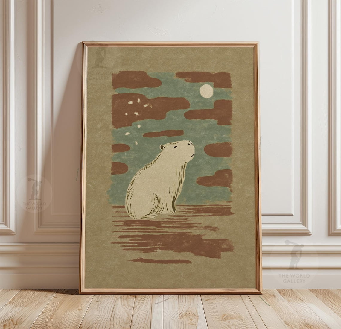 Capybara Night Scene Poster Moon Water Minimal Animal Wall Art Art ...