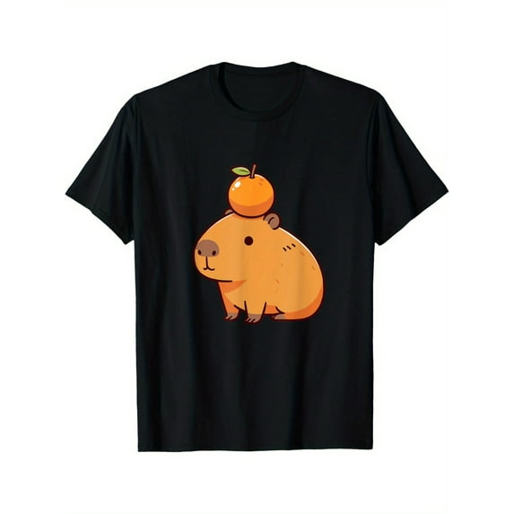 Capybara & Orange Graphic Tee - Soft Cotton, Casual Round Neck T-Shirt ...