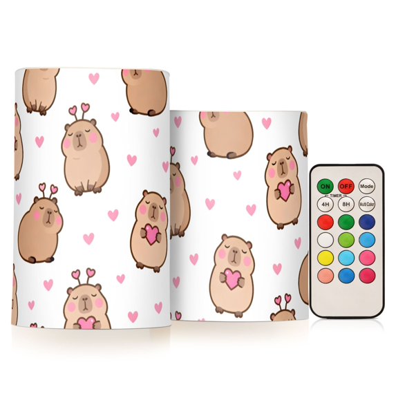 Capybara Pink Hearts Pattern Flameless LED Candle Set with Remote ...