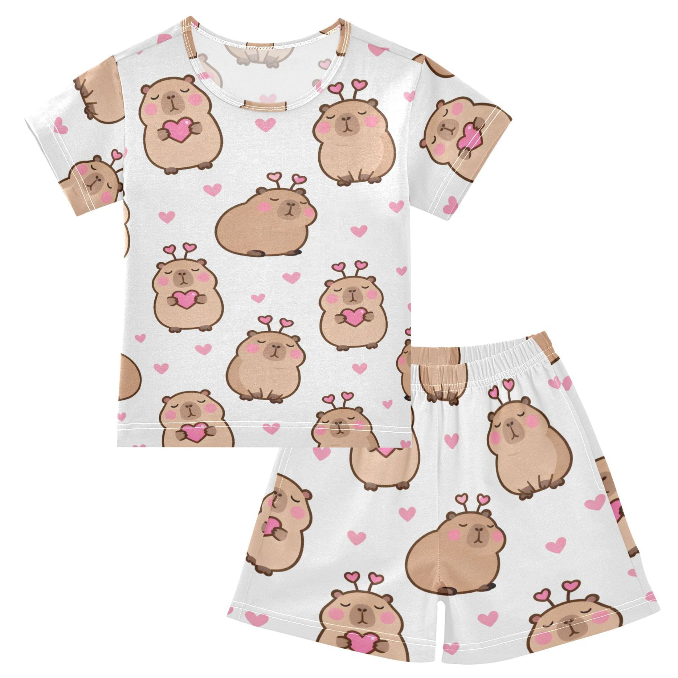 Capybara Pink Hearts Pattern Summer Pajama Set Soft Cotton Short Sleeve ...