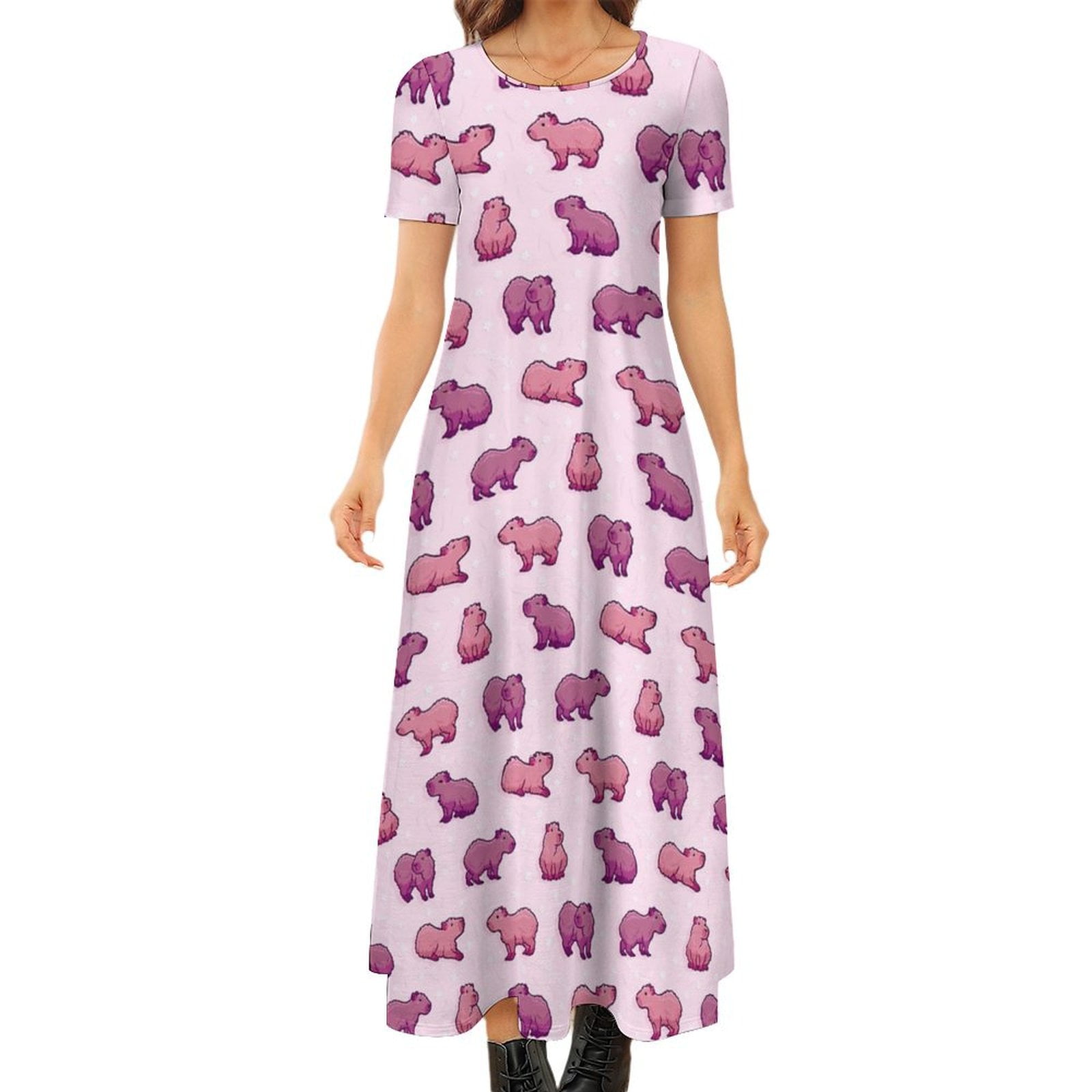 Capybara Pink Maxi Dress for Women Crew Neck Beach Dress Short Sleeve ...