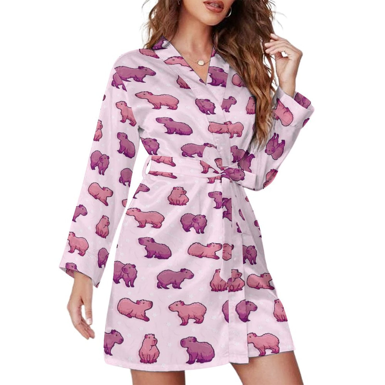 Capybara Pink Night Robe Long Sleeve V Neck Robe With Belt Women's ...