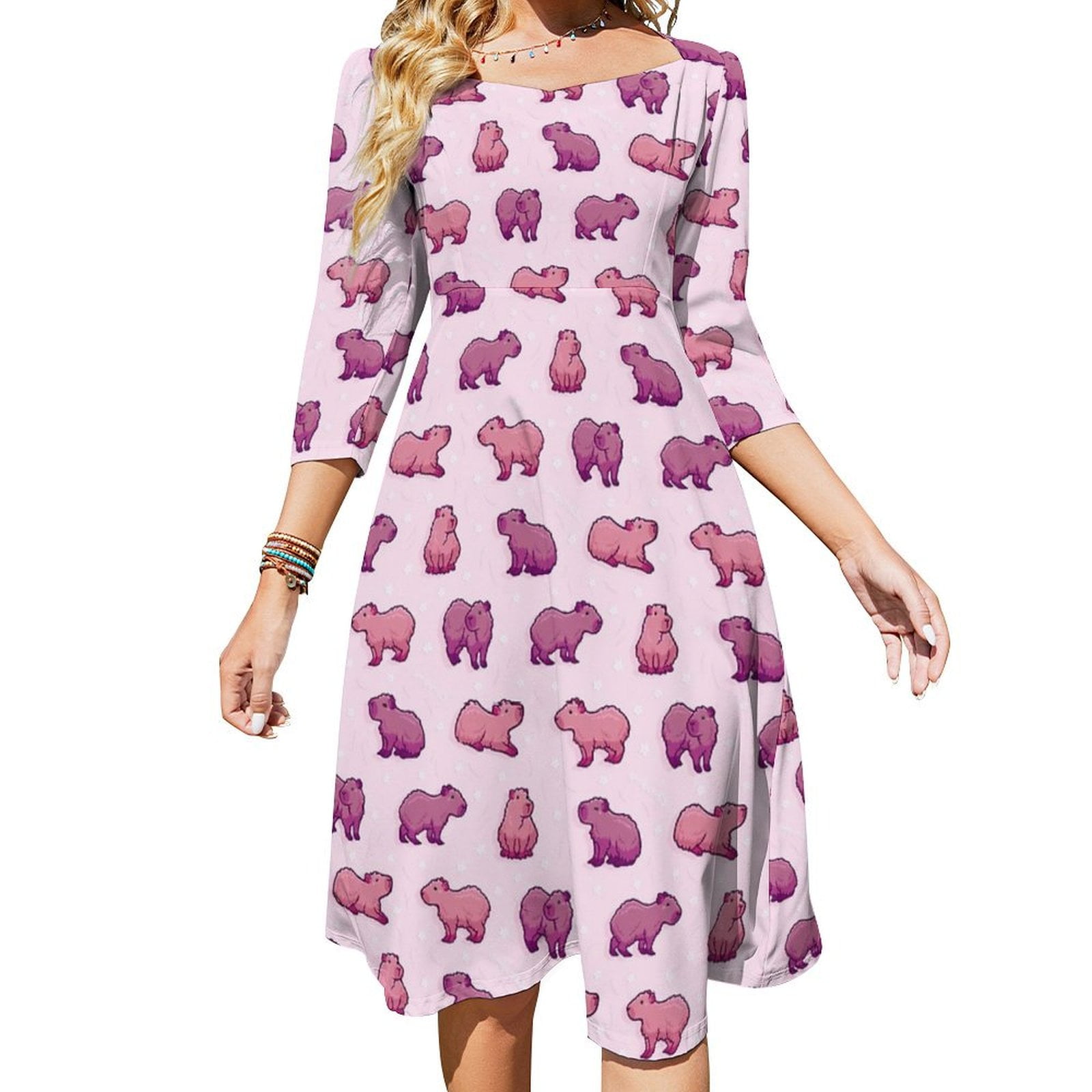 Capybara Pink Sweetheart Knot Flared Dress Fashion Design Large Size ...