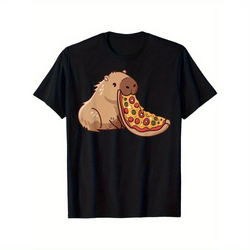 Capybara Pizza Graphic T-Shirt, 100% Cotton Crew Neck Tee, Casual Short ...