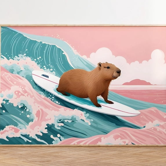 Capybara Print Capybara Surf Poster Pink Beachy Decor Capybara Lover ...