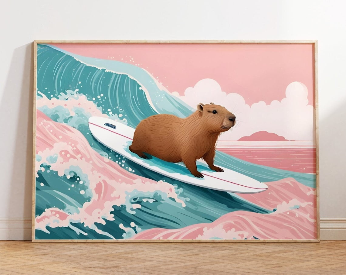 Capybara Print, Capybara Surf Poster, Pink Beachy Decor, Capybara Lover ...