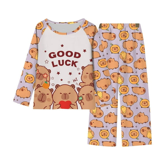 Capybara Print Long Sleeve Girls Pajama Sleepwear Kids Two Piece Cute ...