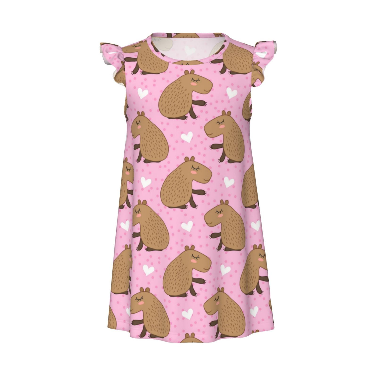 Capybara Print Pink Girls Nightgown, Flutter Short Sleeves Night Dress ...