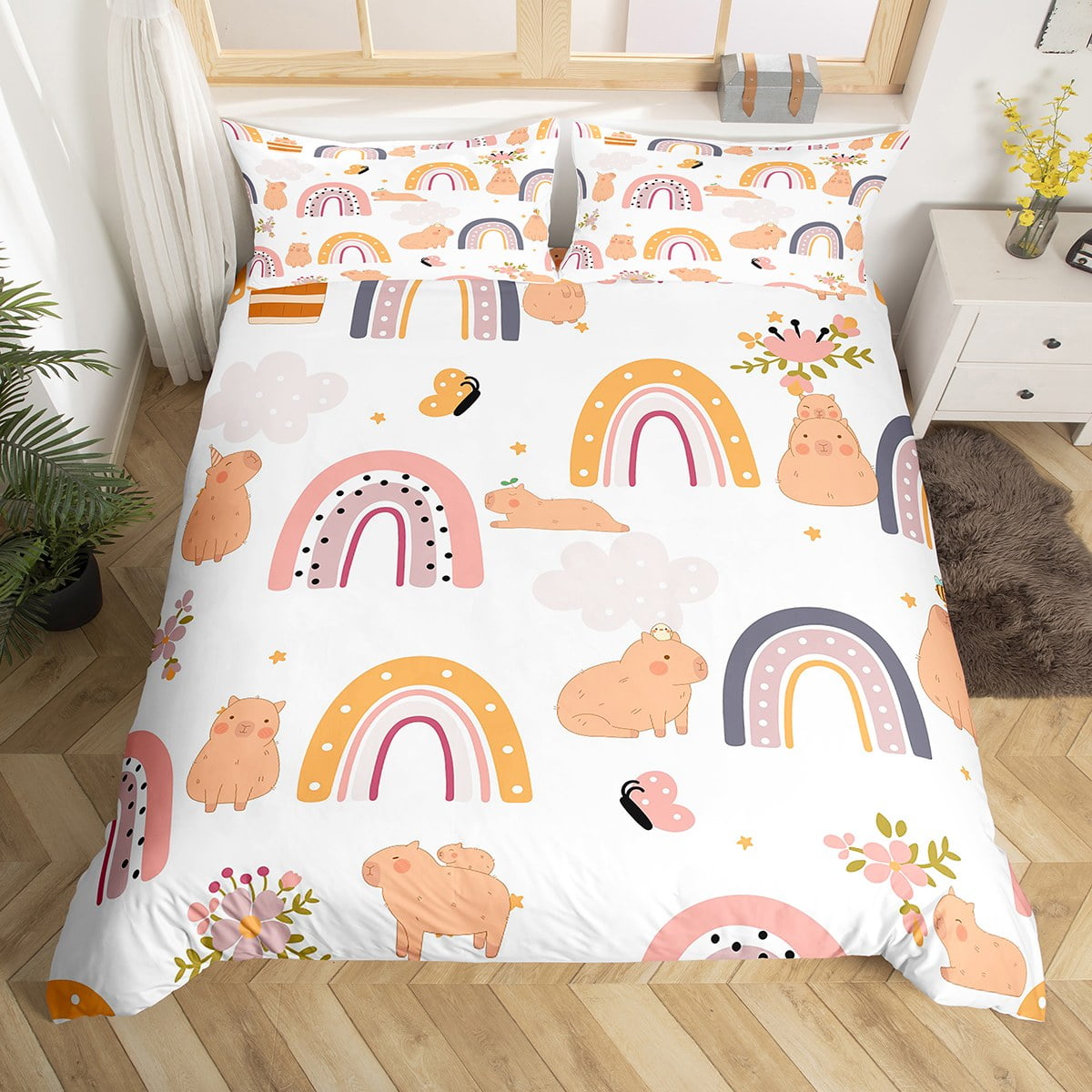 Capybara Queen Comforter Cover, Kids Rainbow Bedding Set Kawaii Rodent ...