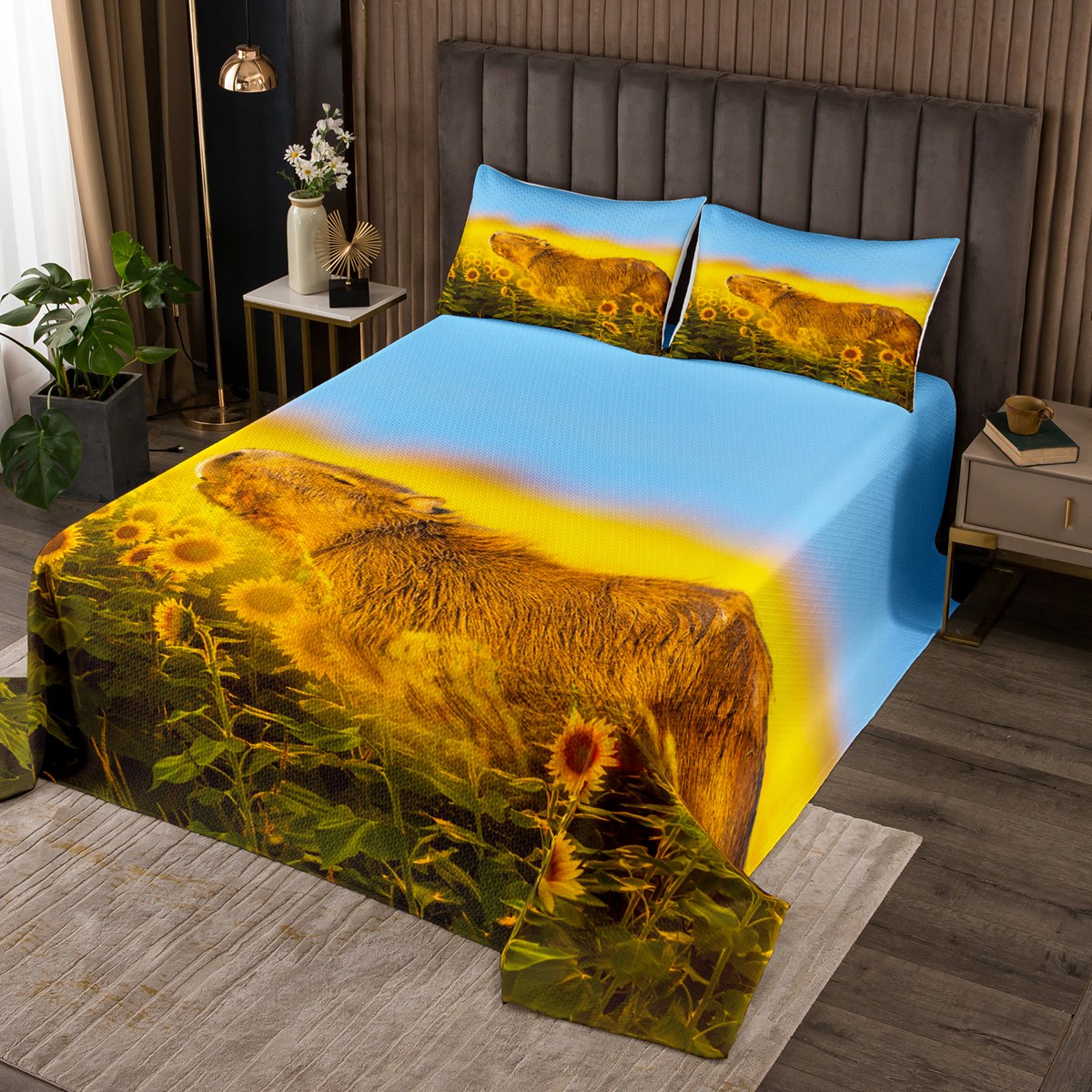 Capybara Quilt Set Rustic Farmhouse Sunflowers Bedspread Queen Size ...