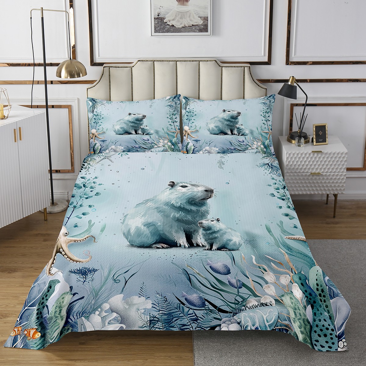 Capybara Quilt Set Teal Blue Ocean Beach Coastal King Bedspread Set ...