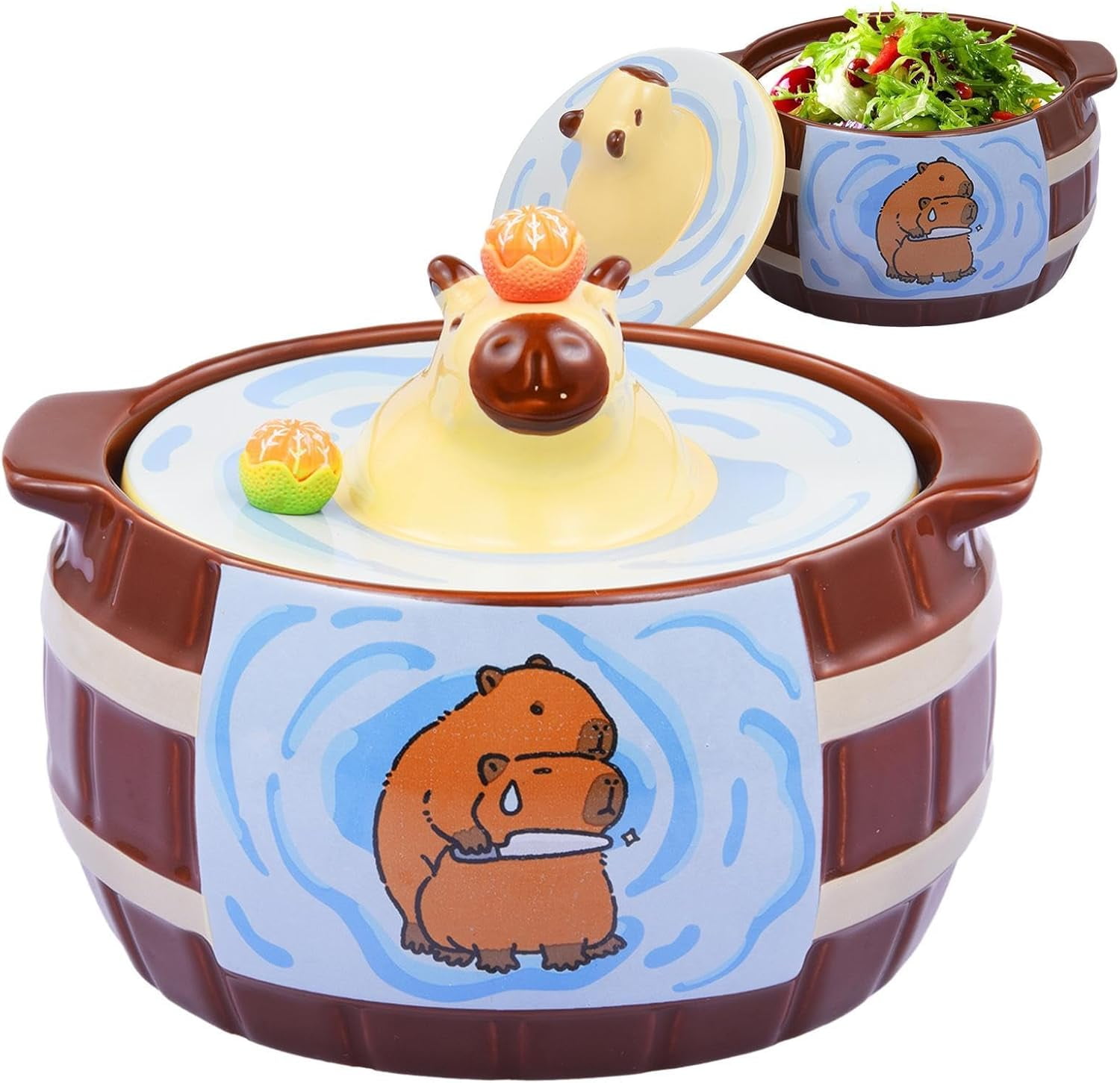 Capybara Ramen Bowl with Handles - Cute Ceramic Noodle and Soup Bowl with Lids, Japanese Style ...