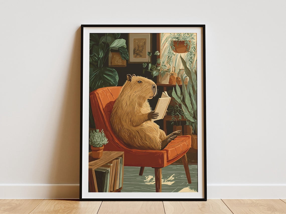 Capybara Reading Book Cozy Animal Whimsical Rodent In Armchair ...