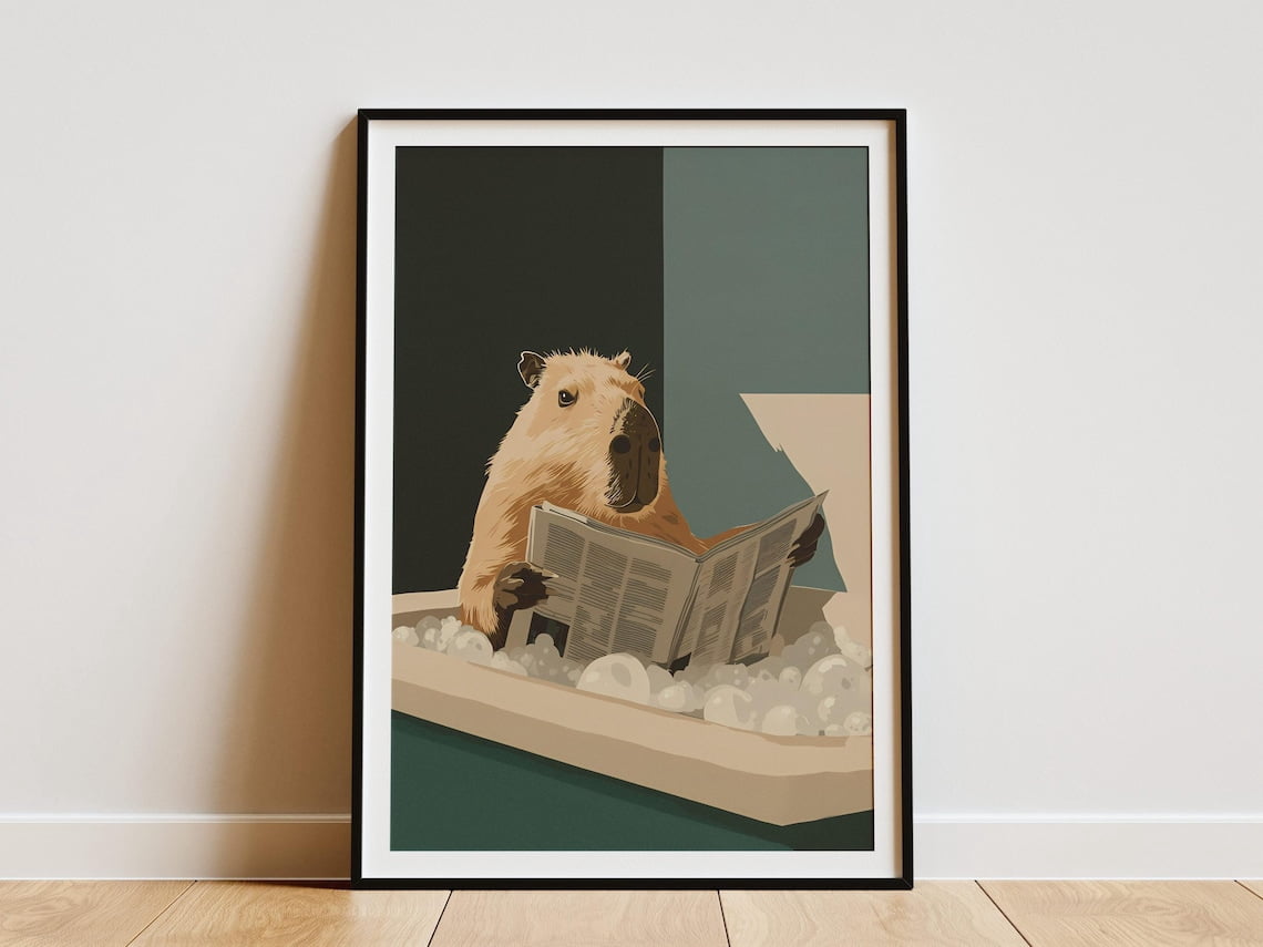 Capybara Reading Newspaper In Bathtub Bubble Bath Vintage Style Animal ...