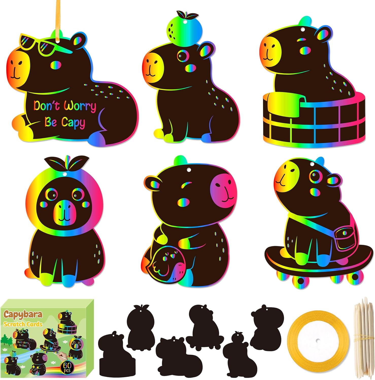 Capybara Scratch Cards Ornaments - 60PCS DIY Fun Animal Scratch Paper ...