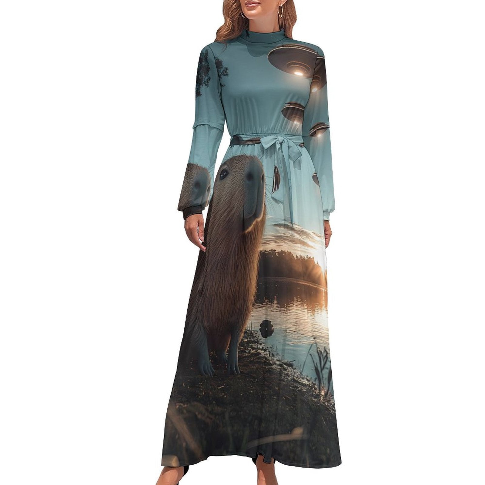Capybara Selfie with UFOs Women's Fall Maxi Dress Long Sleeve ...