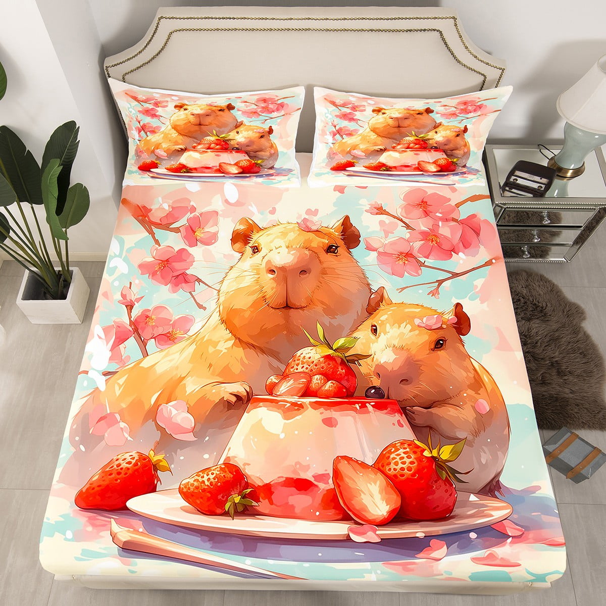 Capybara Sheets Pink Floral Print Fitted Sheet,Hand Drawn Fruit ...