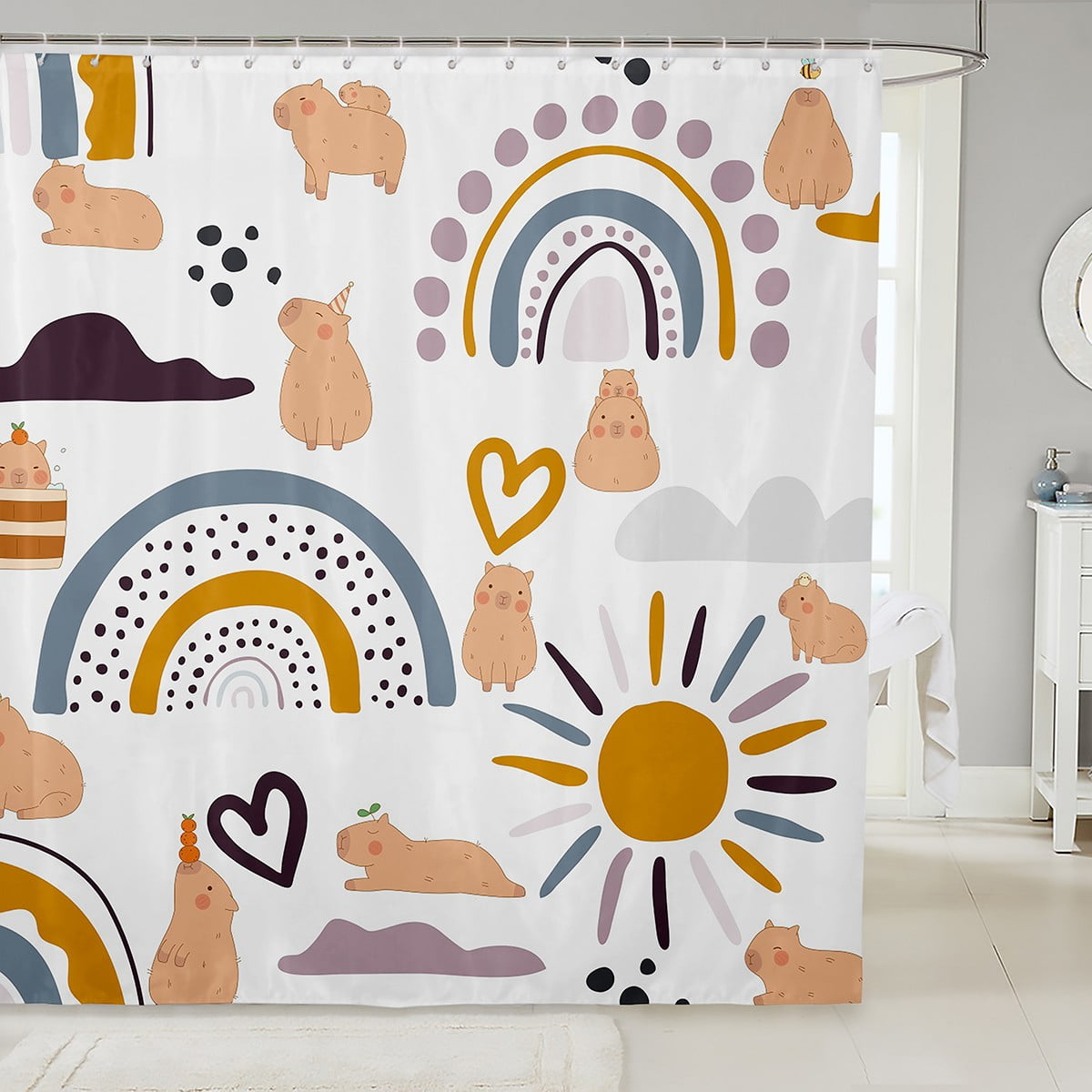 Capybara Shower Curtain For Capybara Lovers, Girls Rainbow Fabric ...