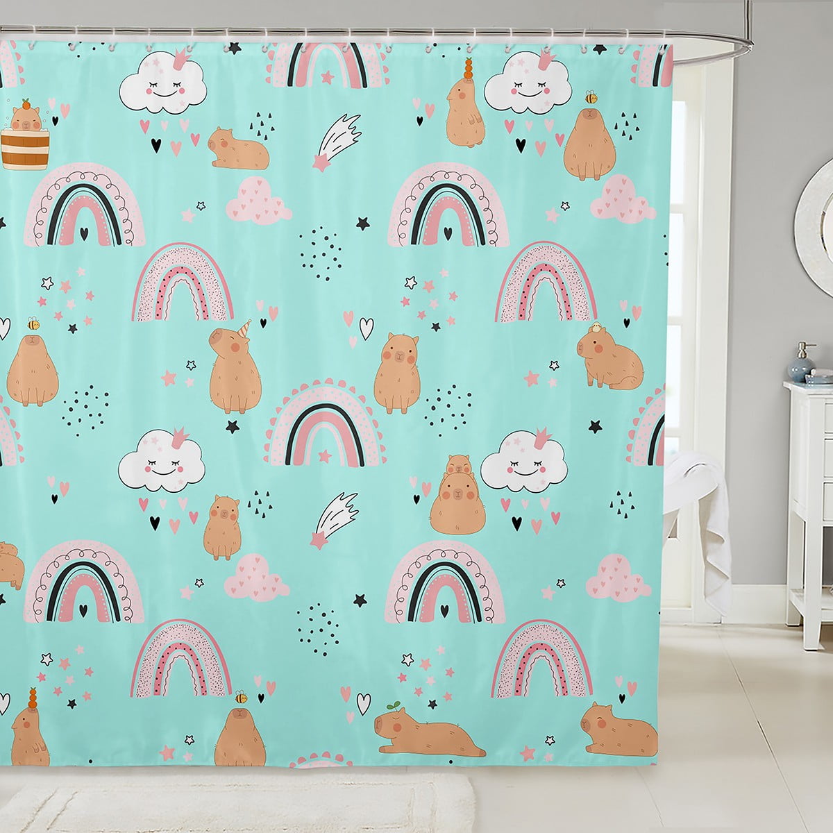 Capybara Shower Curtain, Girls Rainbow Fabric Shower Curtain Rodent ...