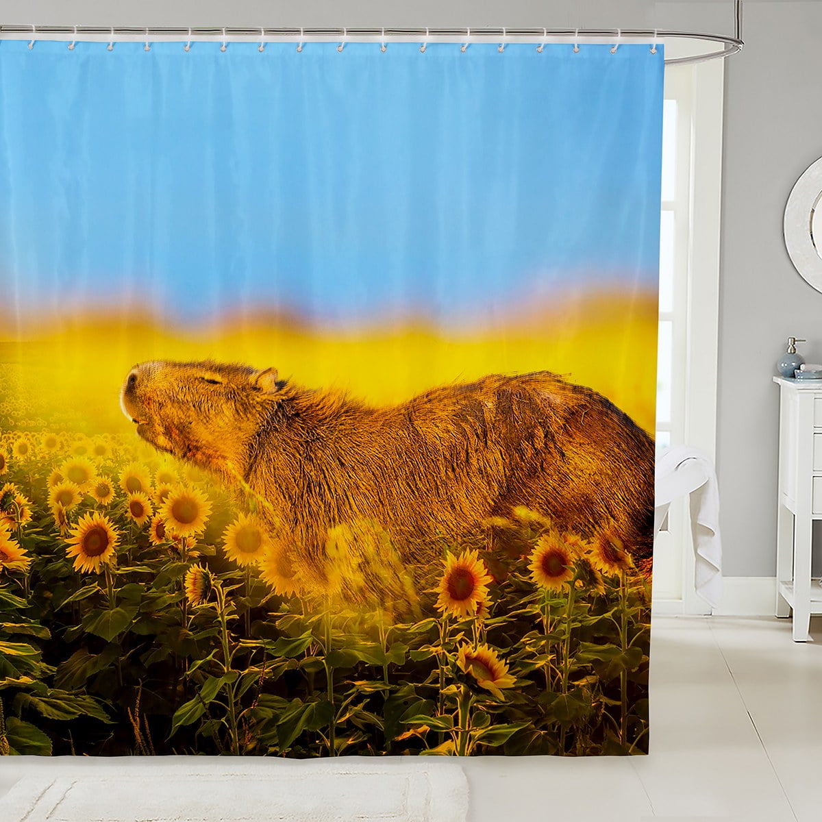 Capybara Shower Curtain Rustic Farmhouse Sunflowers Bath Curtain Cute ...