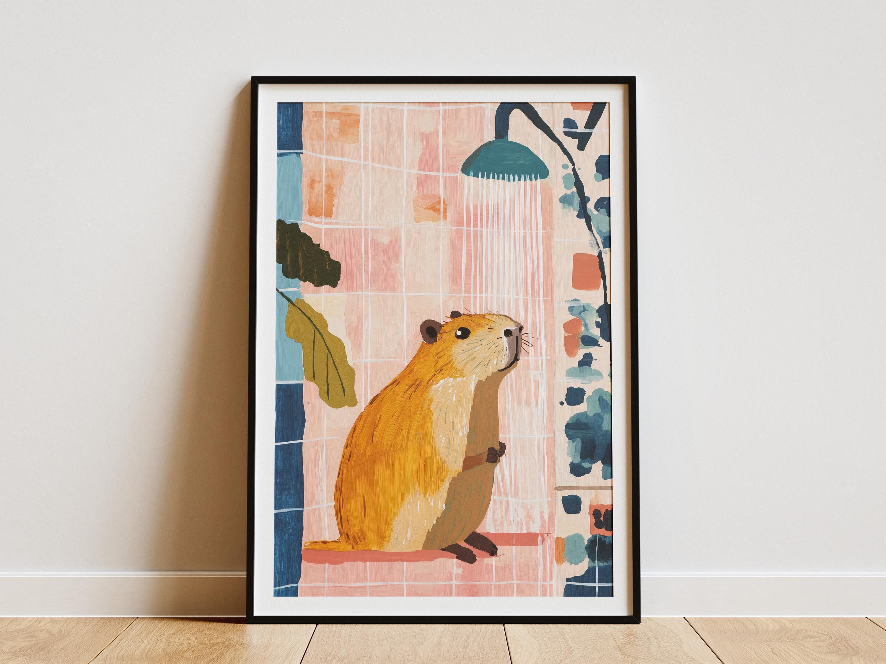 Capybara Showering Painting Print Bathroom Art Cute Animal Poster Pink ...