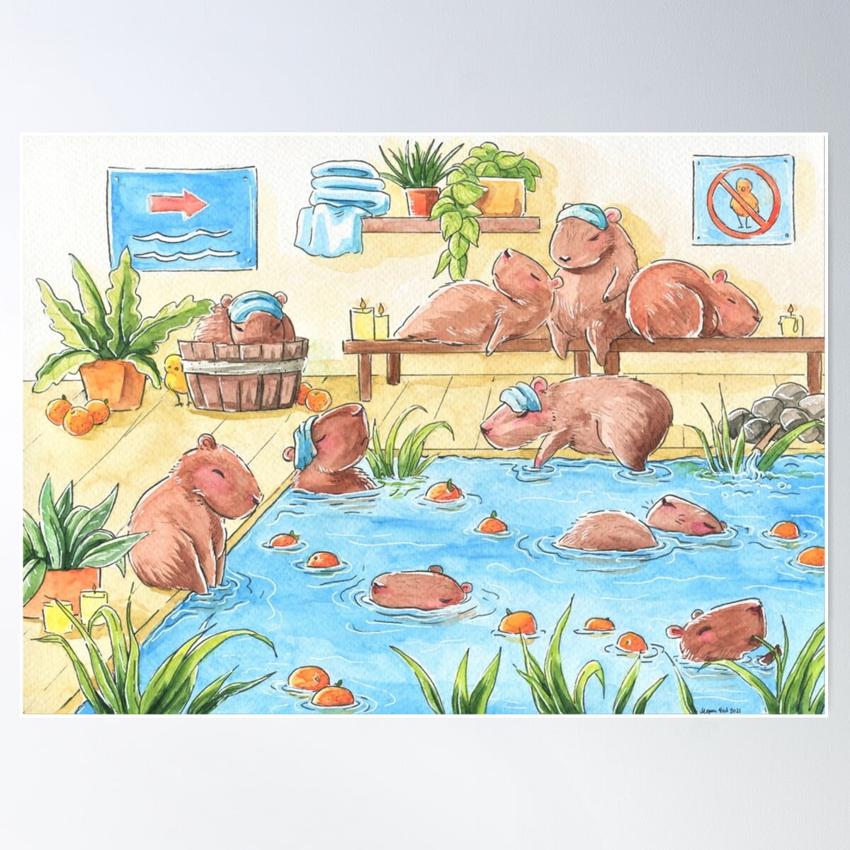 Capybara Spa Day - Traditional Watercolor Poster Wall Art, Modern Wall ...