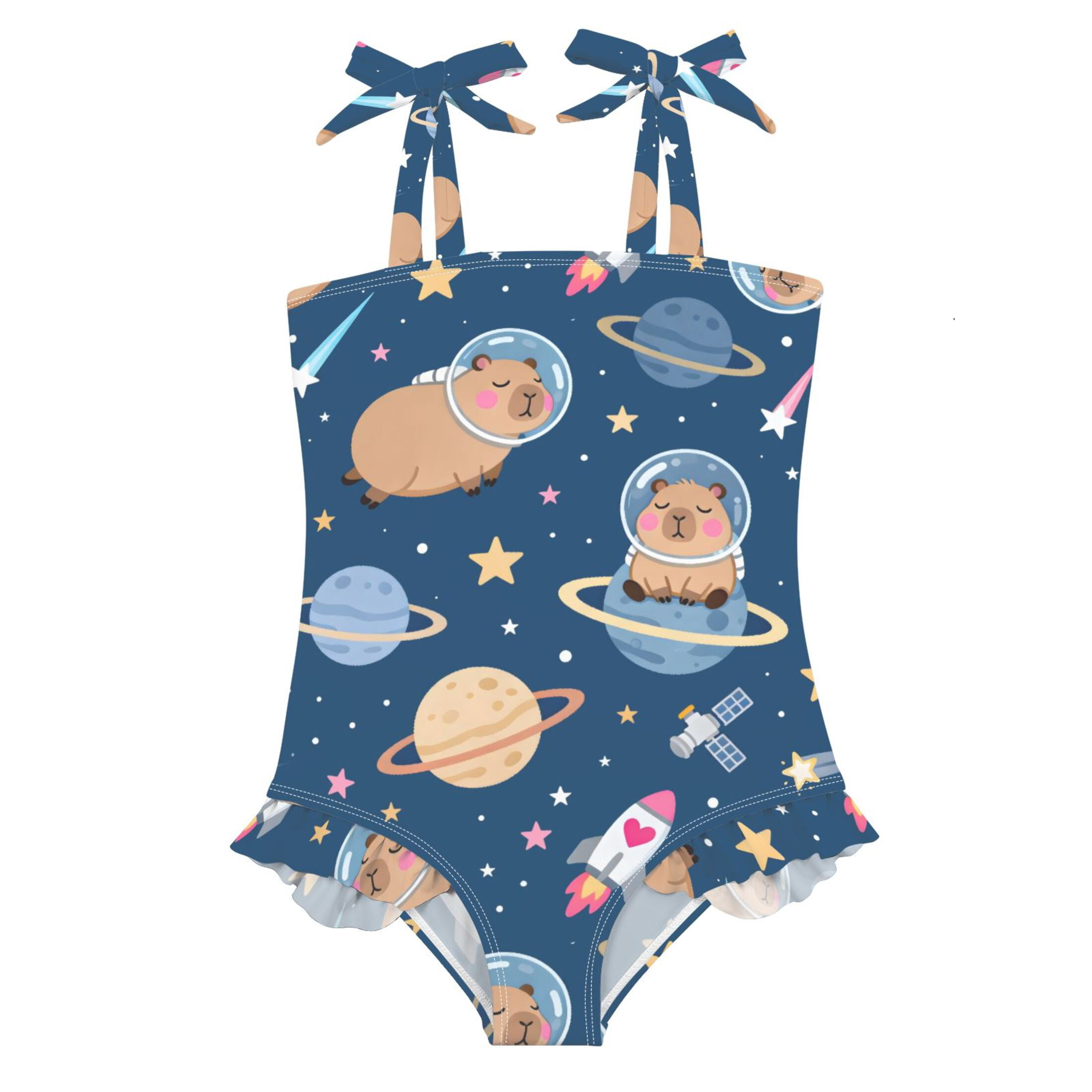 Capybara Space Pattern Girls' One-Piece Swimsuit Bowknot Tie Shoulder ...