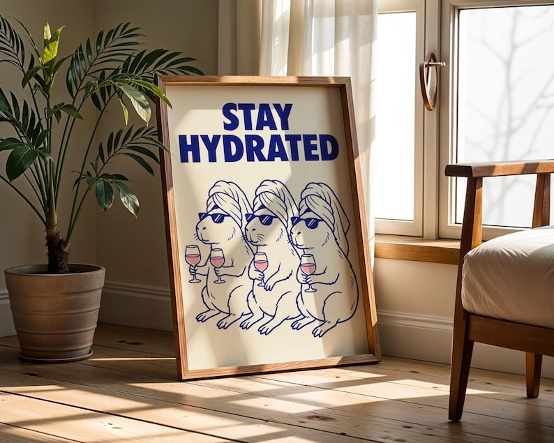 Capybara Stay Hydrated Print, Wine Lover Art, Spa Day Poster, Unframed ...