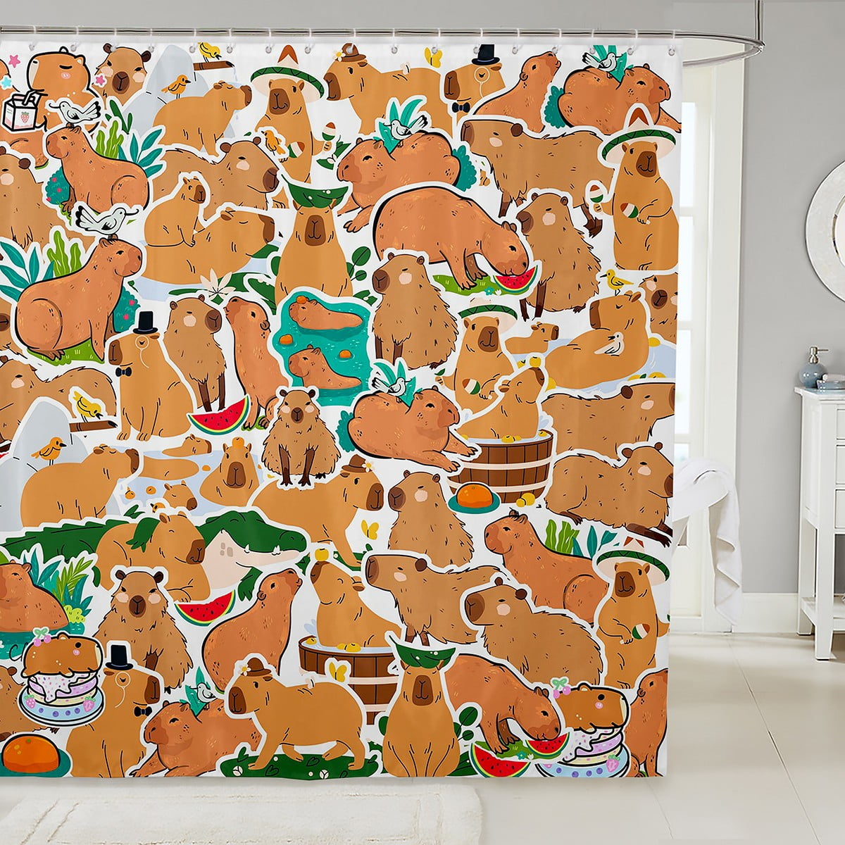 Capybara Sticker Shower Curtain Kids Youth Kawaii Pet Animals Bathroom ...