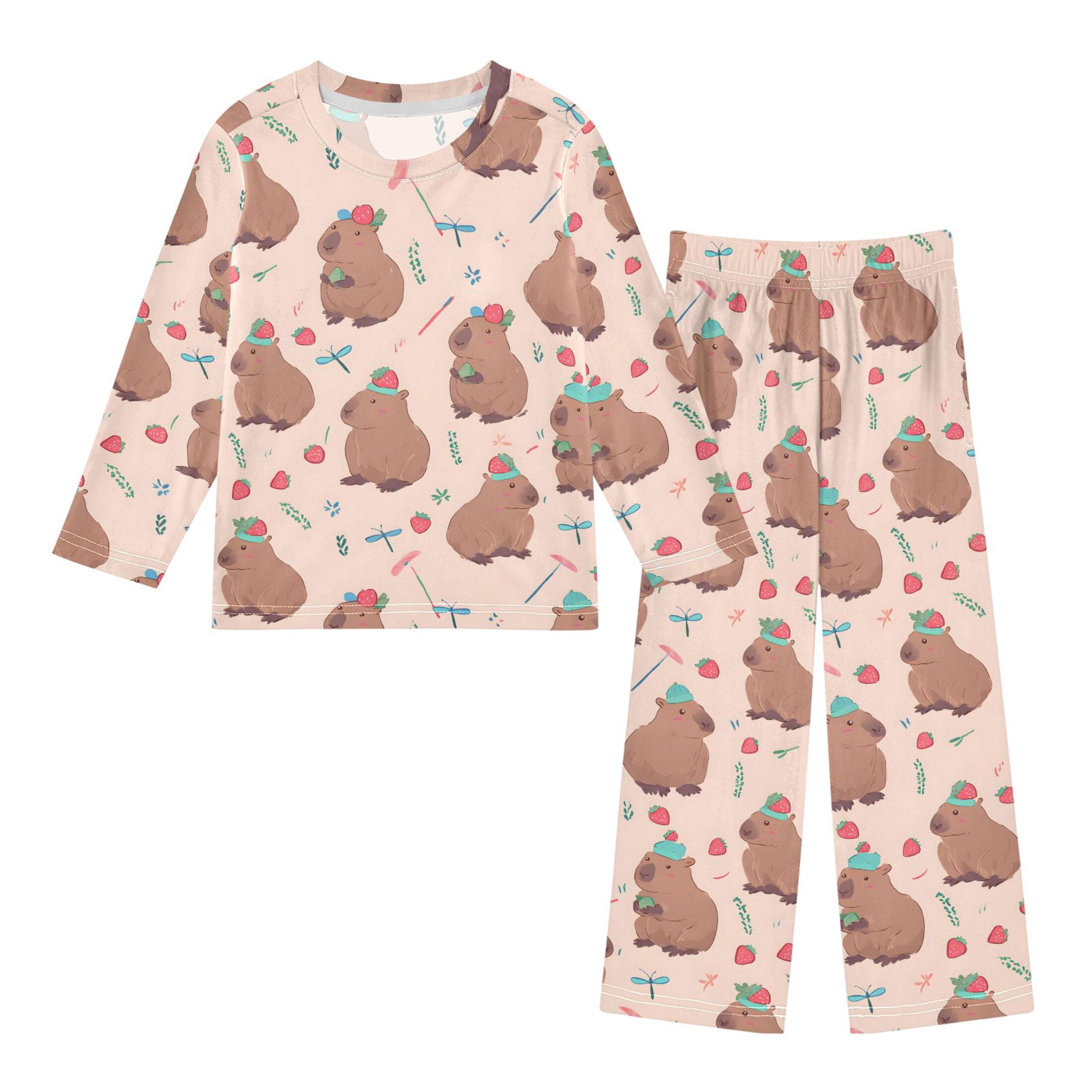 Capybara Strawberry Cozy Soft Long Sleeves Top and Pants 2 Piece Cool ...