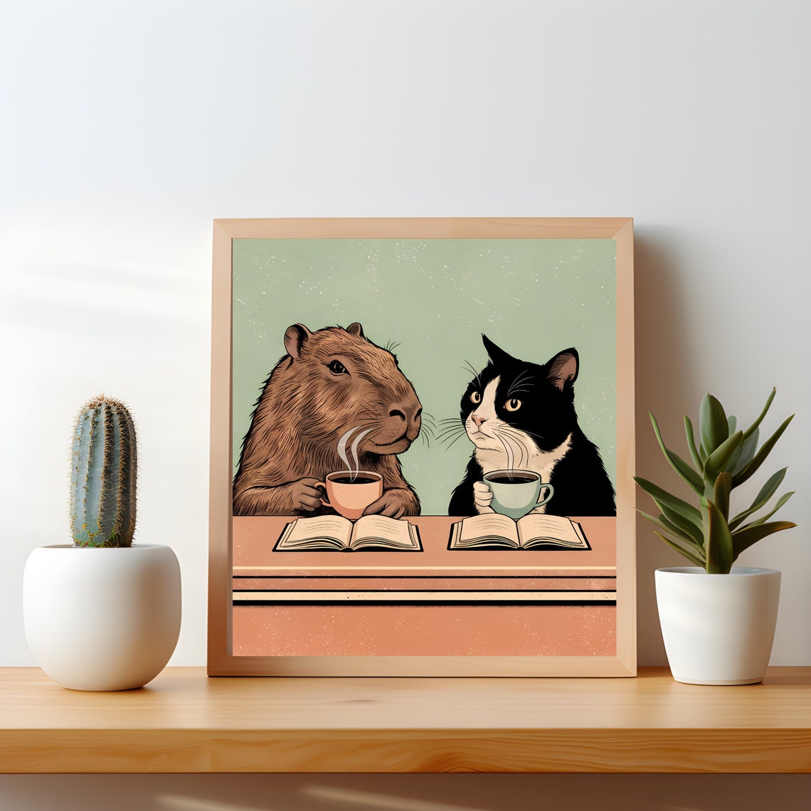 Capybara And Tuxedo Cat Chilling With Coffee, Quirky Kitchen Decor ...