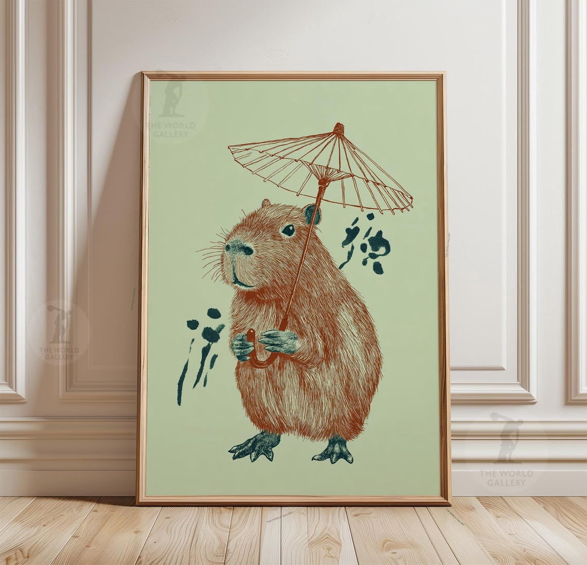 Capybara Umbrella Illustration Brown Ink Line Art Poster Wall Decor ...