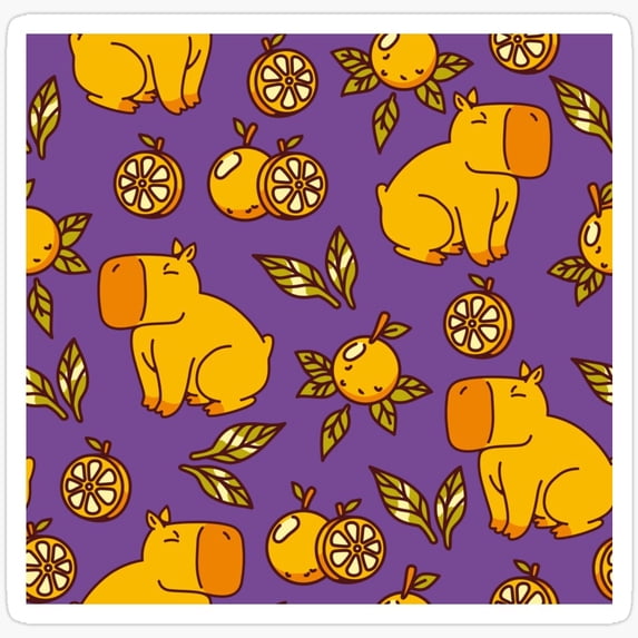 Capybara With Oranges Leaves Purple Sticker Phone Decal Water Bottle ...