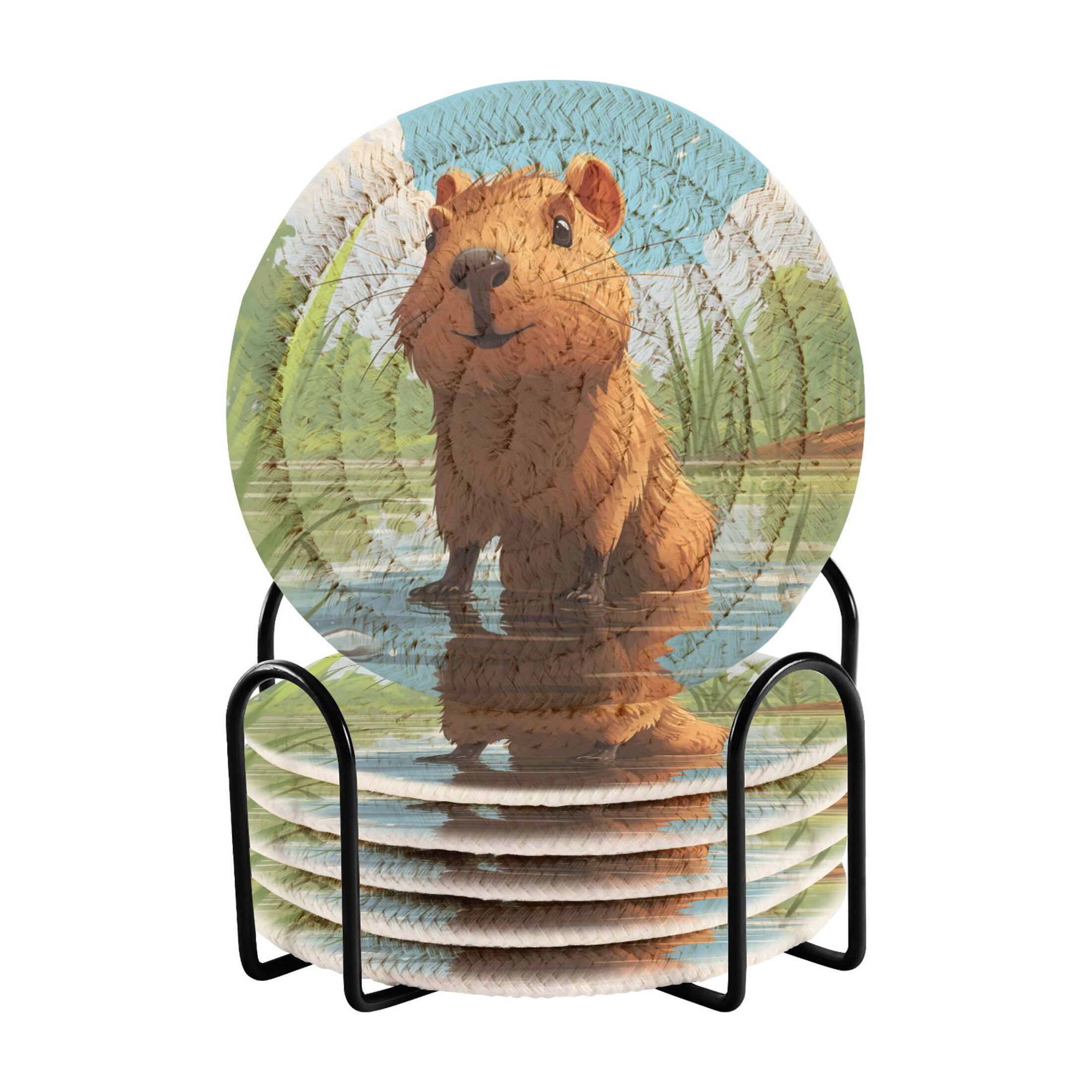 Capybara in Water Drinking Coasters Cup Mat with Holder for Kitchen ...
