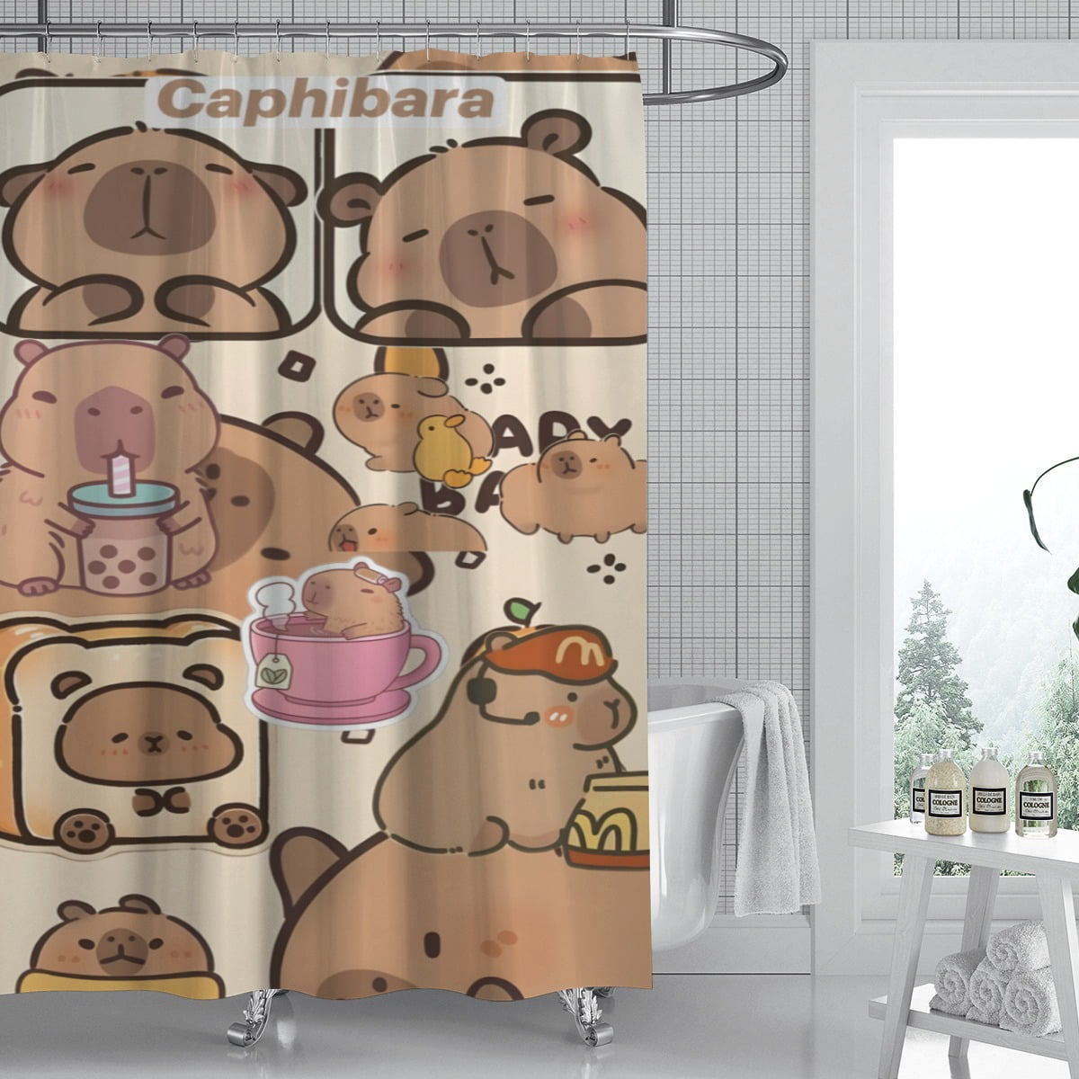 Capybara shower curtain showcases a vibrant artistic print, is ...