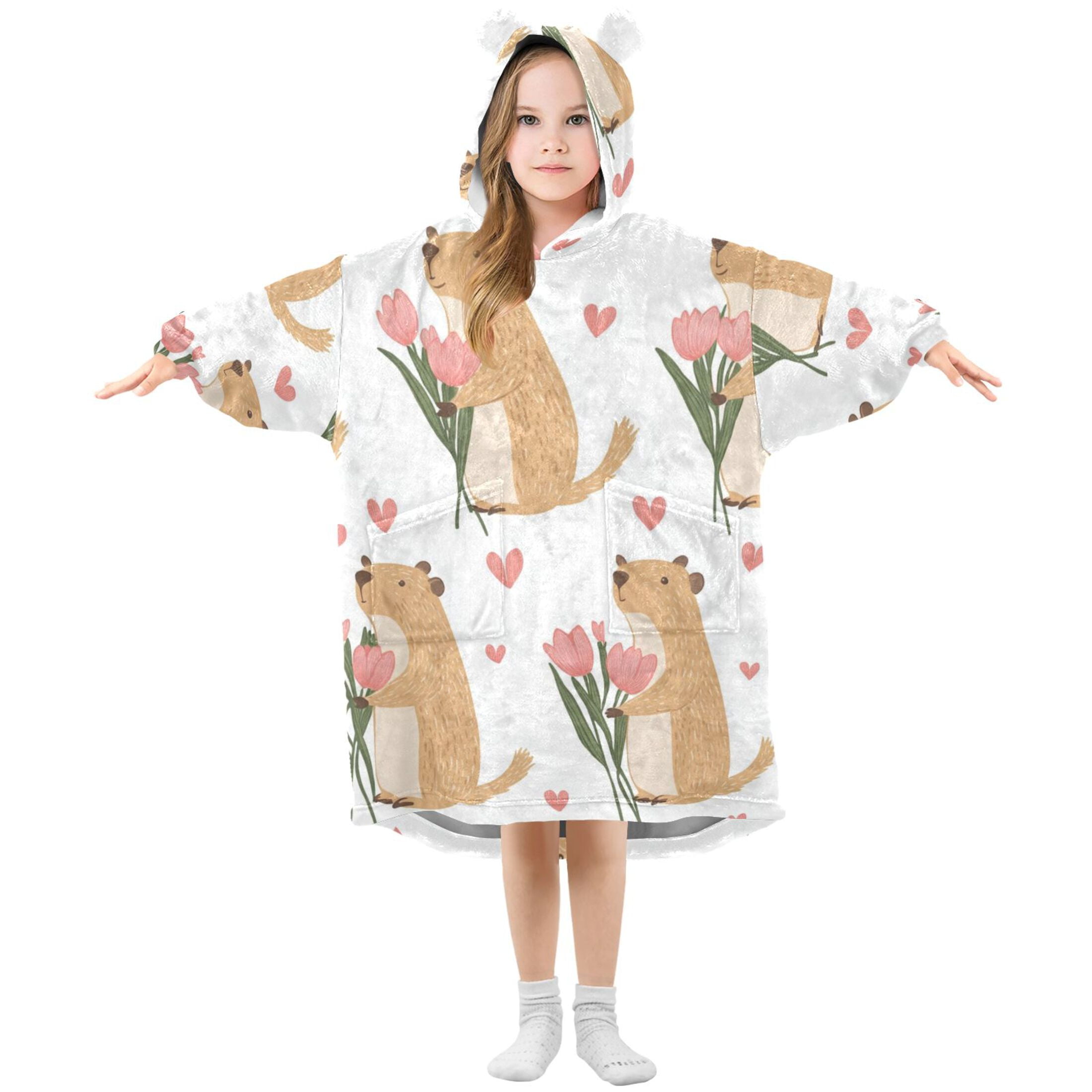 Capybara with Flowers Hearts Valentine Flannel Wearable Blankets Hooded ...