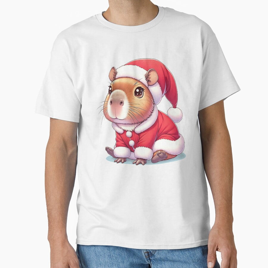 Capybara with Gift Box Cute Warm Winter Holiday Greeting Card Art Unisex T-Shirt, up to size 5XL ...