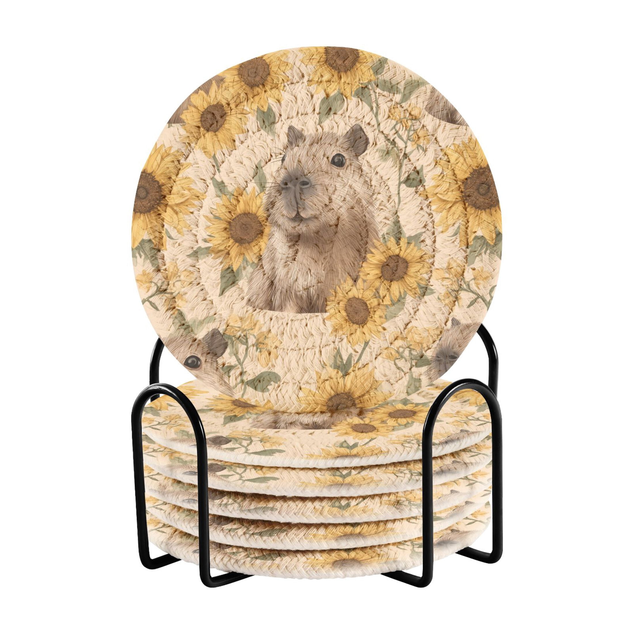 Capybaras Among Sunflowers Drinking Coasters Cup Mat with Holder for ...