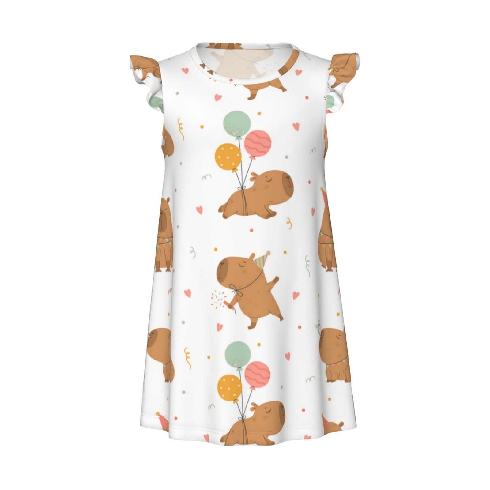 Capybaras Birthday Girls Nightgown, Flutter Short Sleeves Night Dress ...