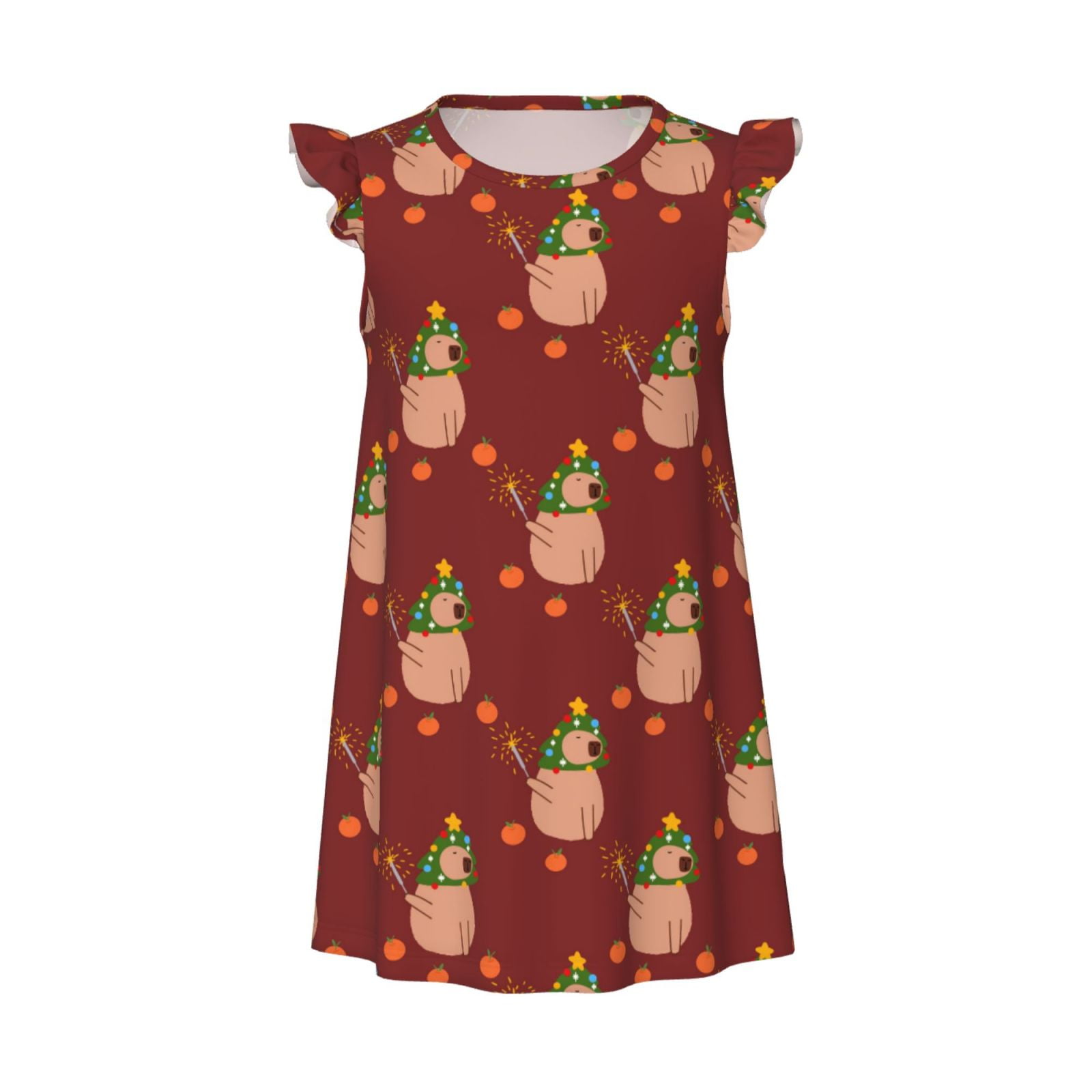 Capybaras Christmas Red Girls Nightgown, Flutter Short Sleeves Night ...