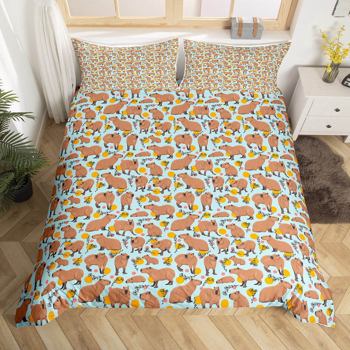 Capybaras Duvet Cover King, Kawaii Capybara Bedding Set, Cute Cartoon ...