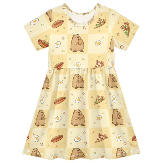Capybaras Eat Pizza Hot Dogs and Eggs Short Sleeve Dress A-Line Cute ...