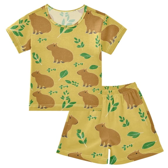 Capybaras Leaves Pattern Summer Pajama Set Soft Cotton Short Sleeve ...