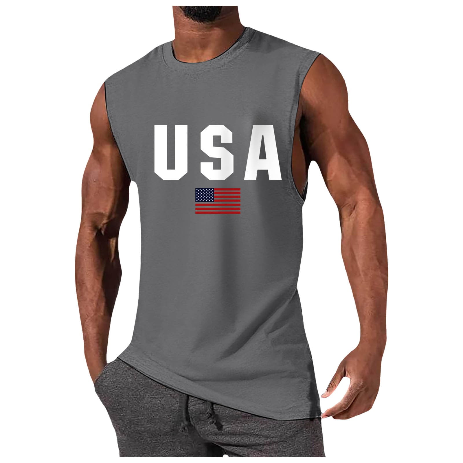 Caqnni American Flag Muscle Workout T-Shirt Bodybuilding Tank Top USA ...