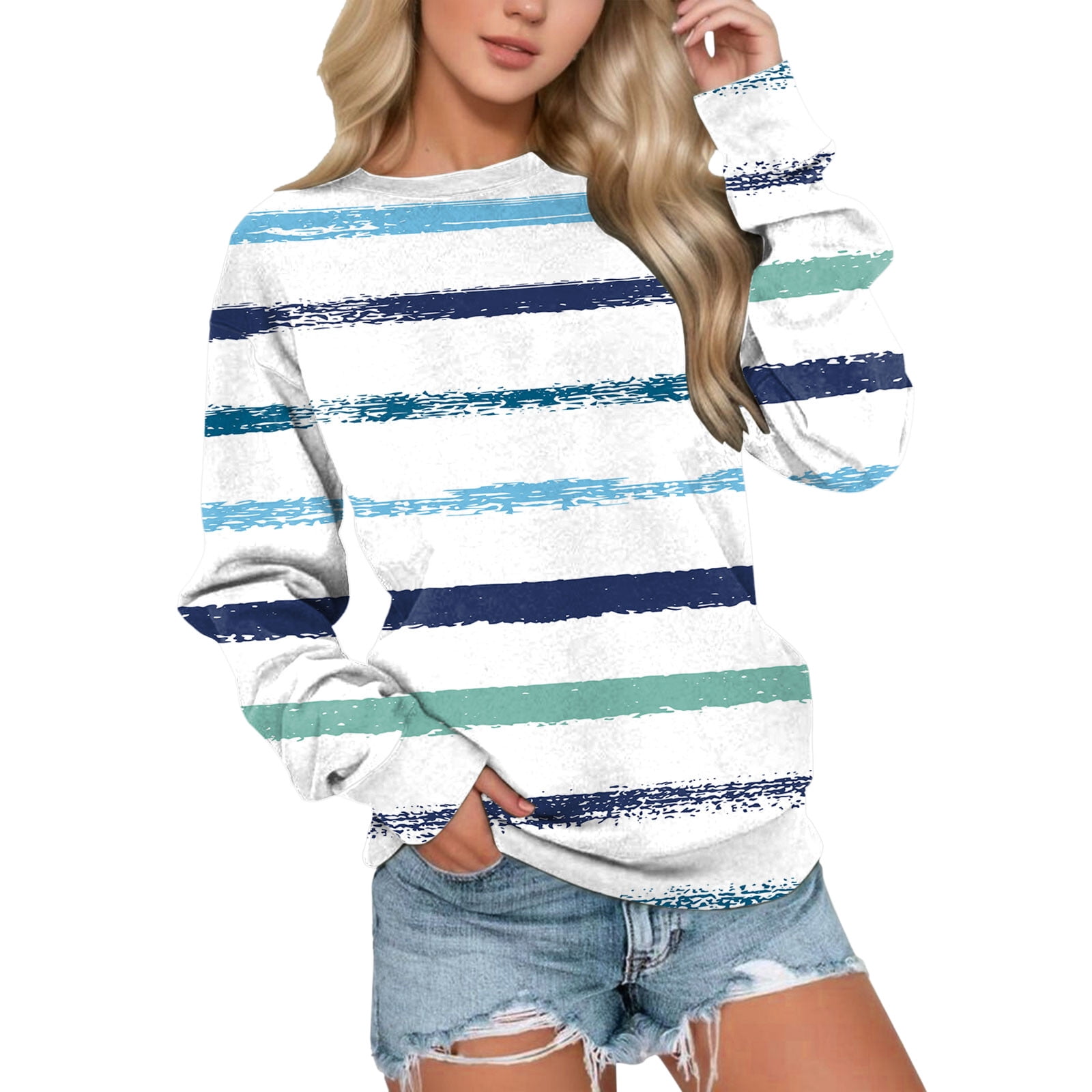 Caqnni Crew Neck Sweatshirts Women, Solid Color Long Sleeve Drop ...