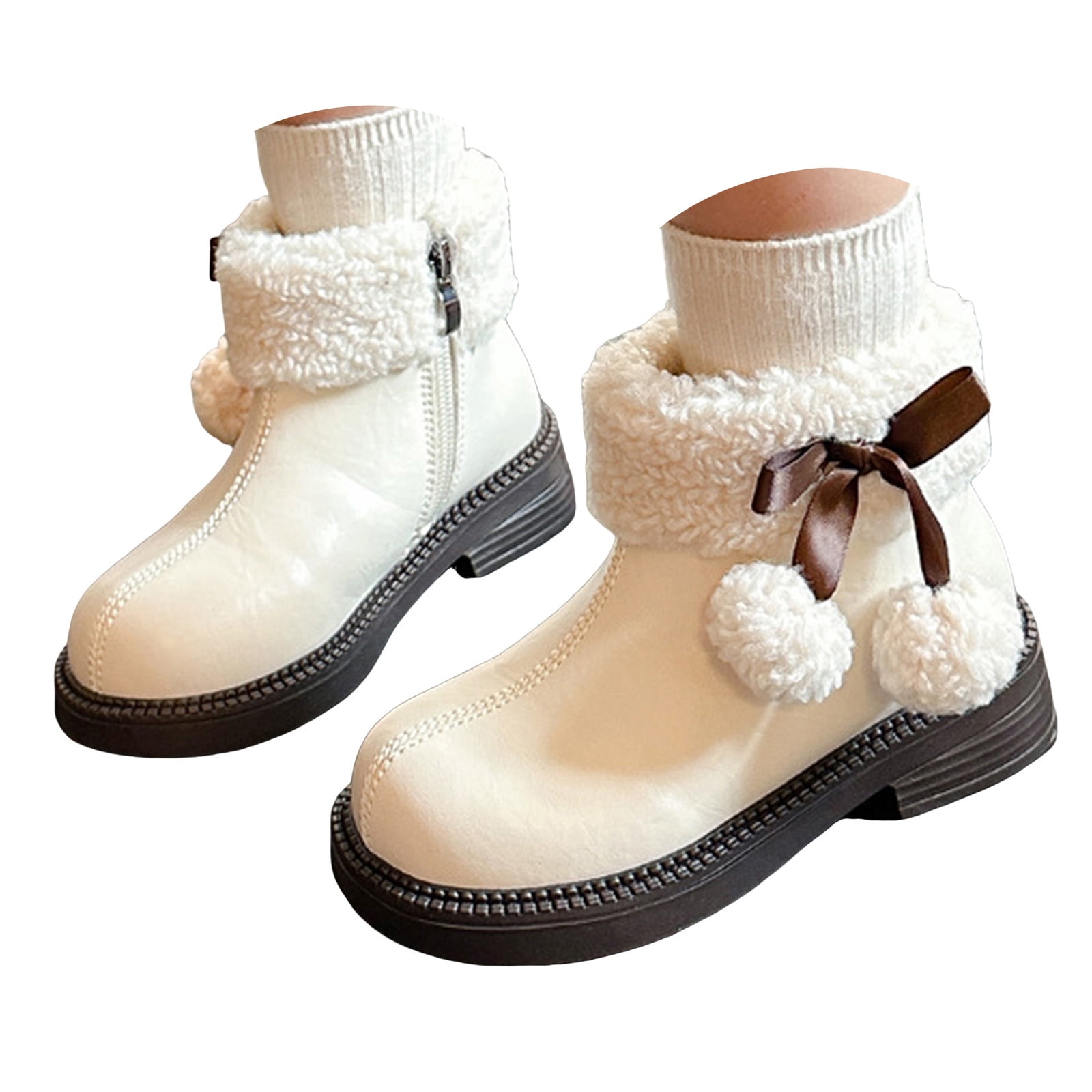 Caqnni Girl's Kid's Cute Leather Two Buckle Zipper Flat Heel Mid Calf ...