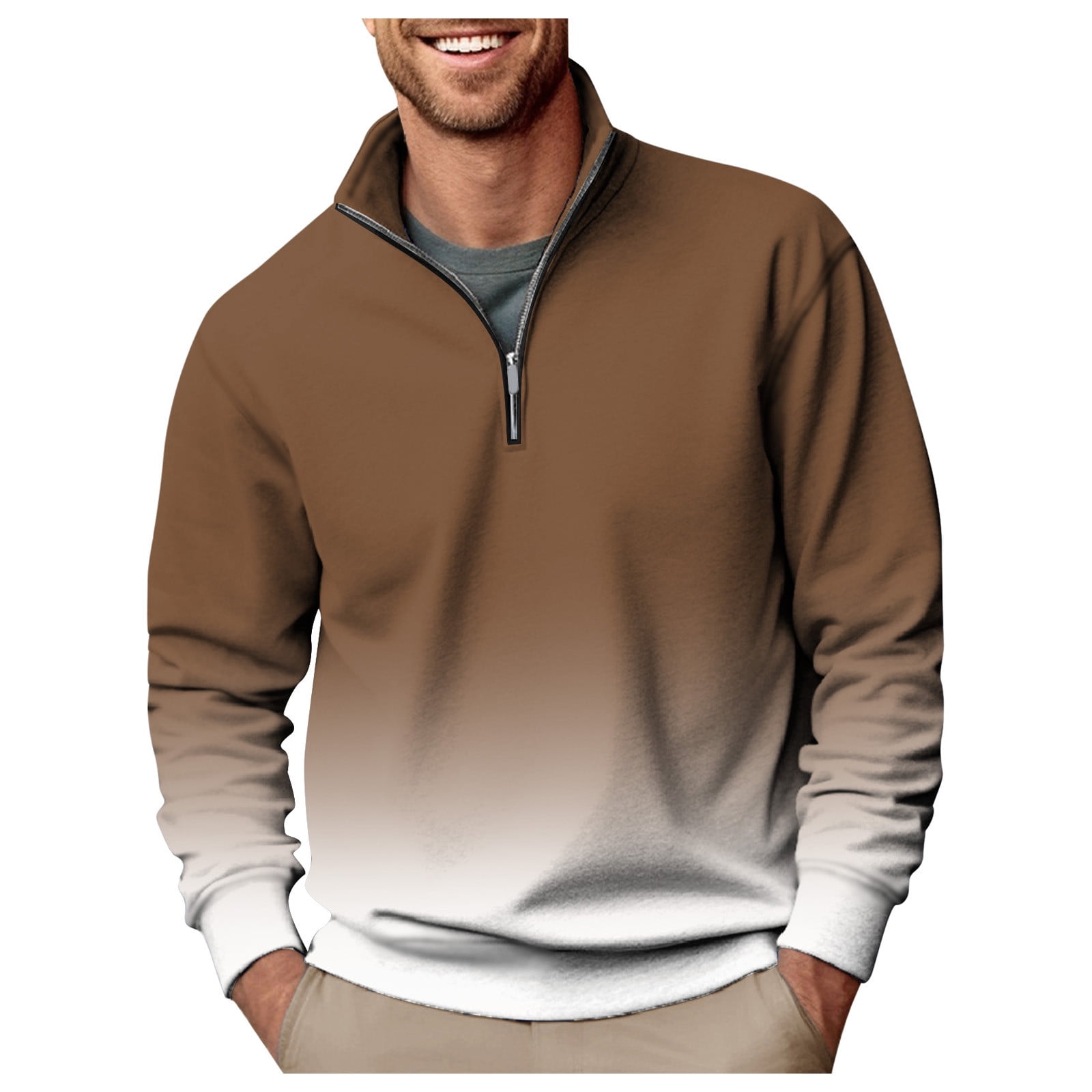 Caqnni Man Pullover Hoodie Solid Color Half Cut Half Zip Man Long ...