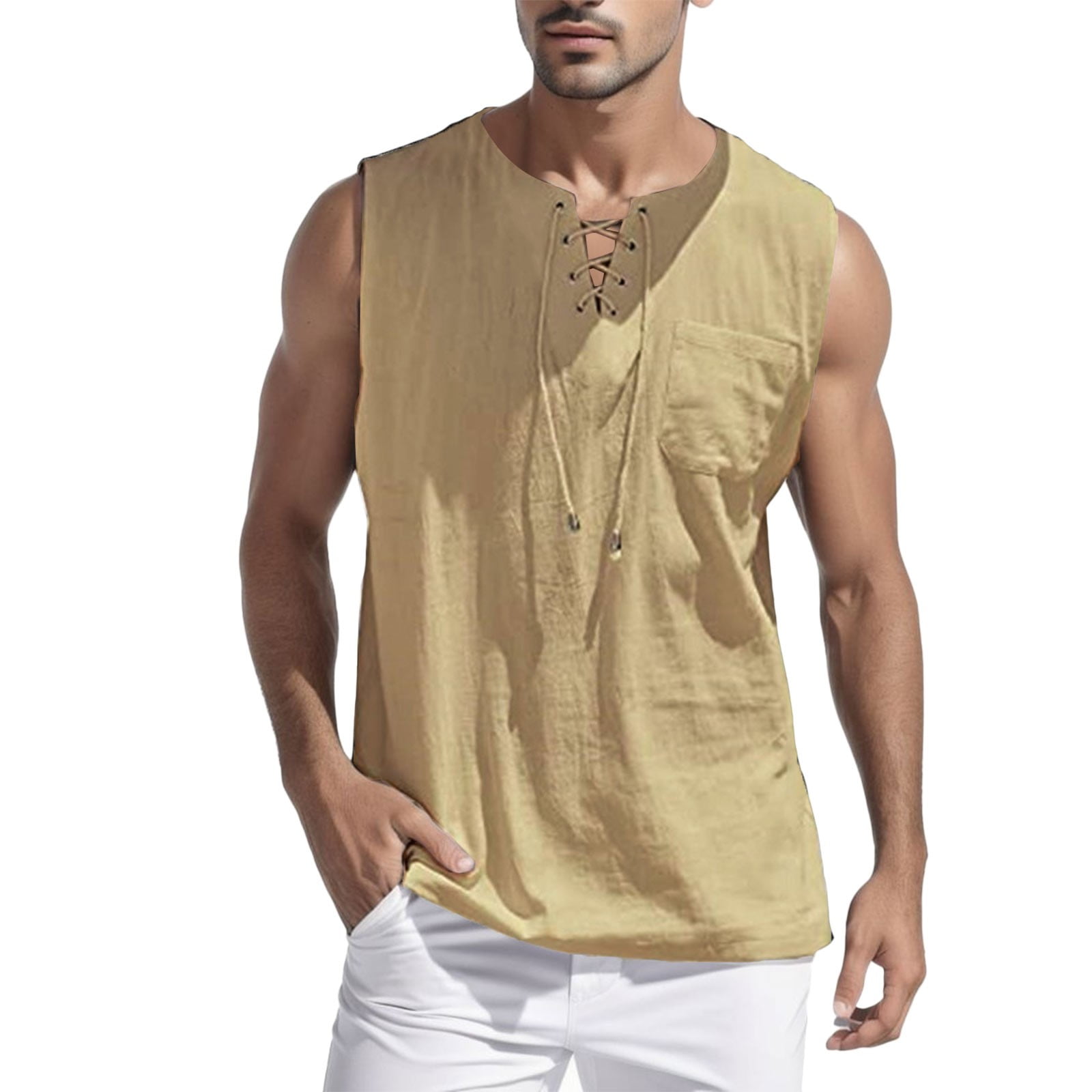 Caqnni Men's Cotton Linen Tank Top Shirts Casual Sleeveless Lace Up ...